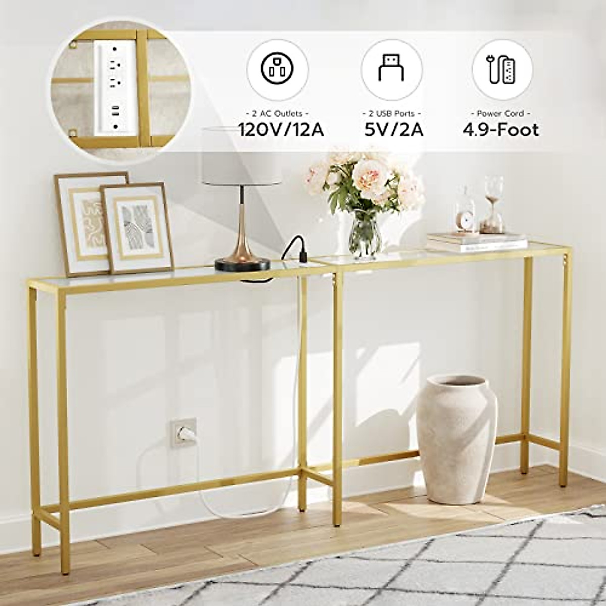 HOOBRO Gold Console Table, 70.9" Tempered Glass Sofa Table, Modern Extra Long Entryway Table with USB Ports, Behind Couch Table for Entryway, Hallway, Foyer, Living Room GD18UXG01