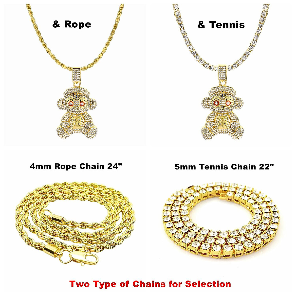 FW Jewelry Mens Hip Hop Iced Out Chain Necklaces Silver Gold Pendant Chains for Boys 22 Inch (Gold Monkey, Rope Chain)