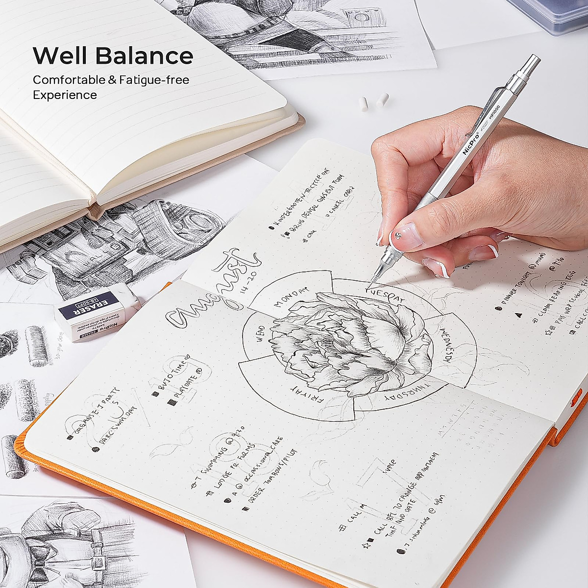 Nicpro 0.5 mm Mechanical Pencils Set with Case, 3 Metal Artist Pencil With 6 Tubes HB Lead Refills, 3 Erasers, Eraser Refills For Architect Art Writing Drafting,Drawing, Engineering, Sketching, Silver