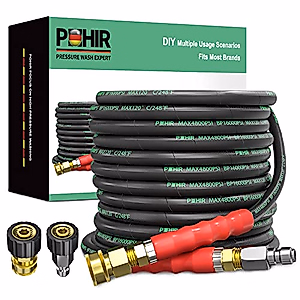 POHIR 3/8" Pressure Washer Hose 50 FT for Cold and Hot Water Max 248°F with Quick Connect, 4800psi Kink Resistant Industry Grade Steel Wire Braided Synthetic Rubber Jacket with 2 M22 14mm Adapter Set