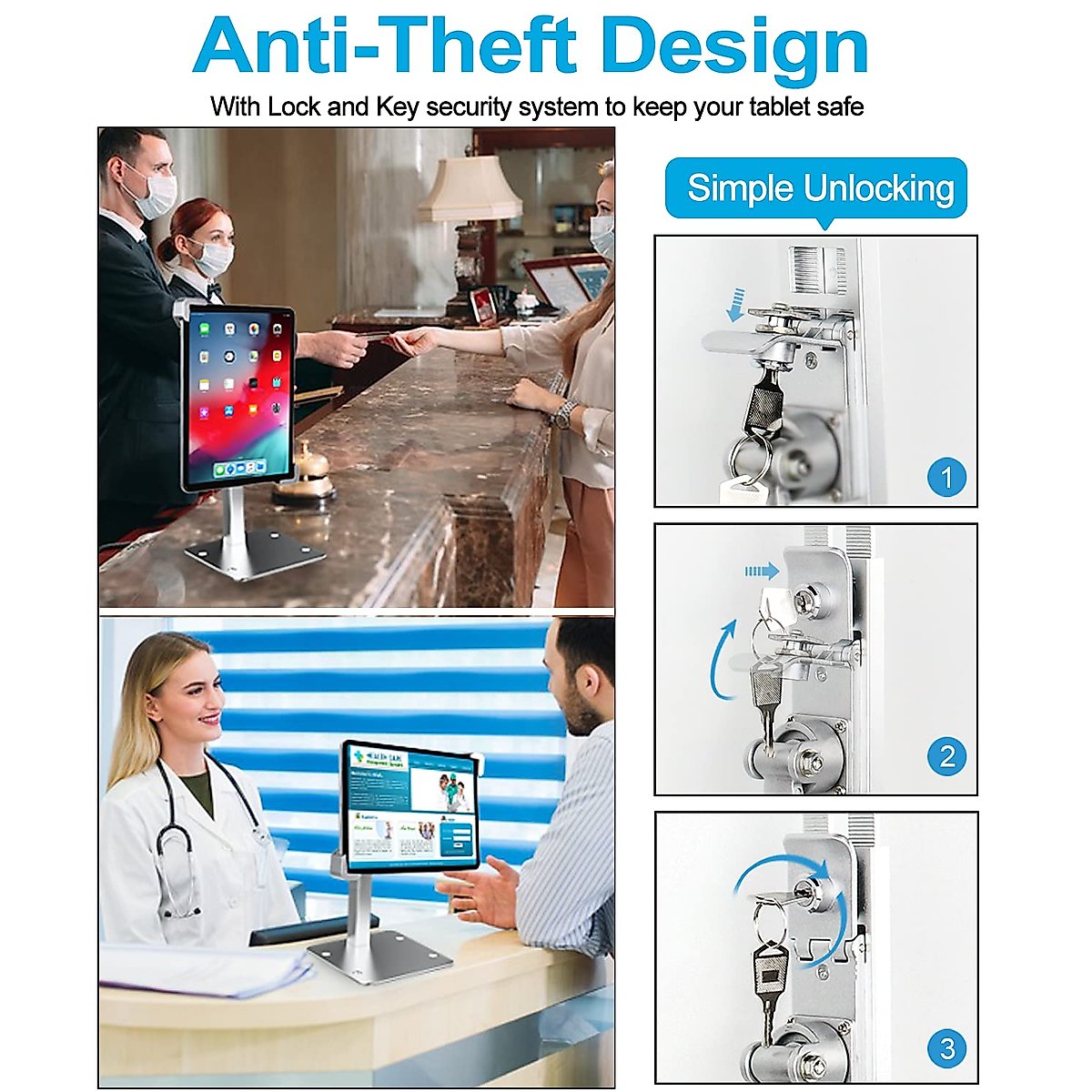 woleyi Anti-Theft Desktop Tablet Kiosk Stand Holder, Heavy Duty Countertop Tablet POS Display Mount with Security Lock and Key, Compatible with iPad Pro/Air/Mini, Galaxy Tabs, More 7-11" Tablets