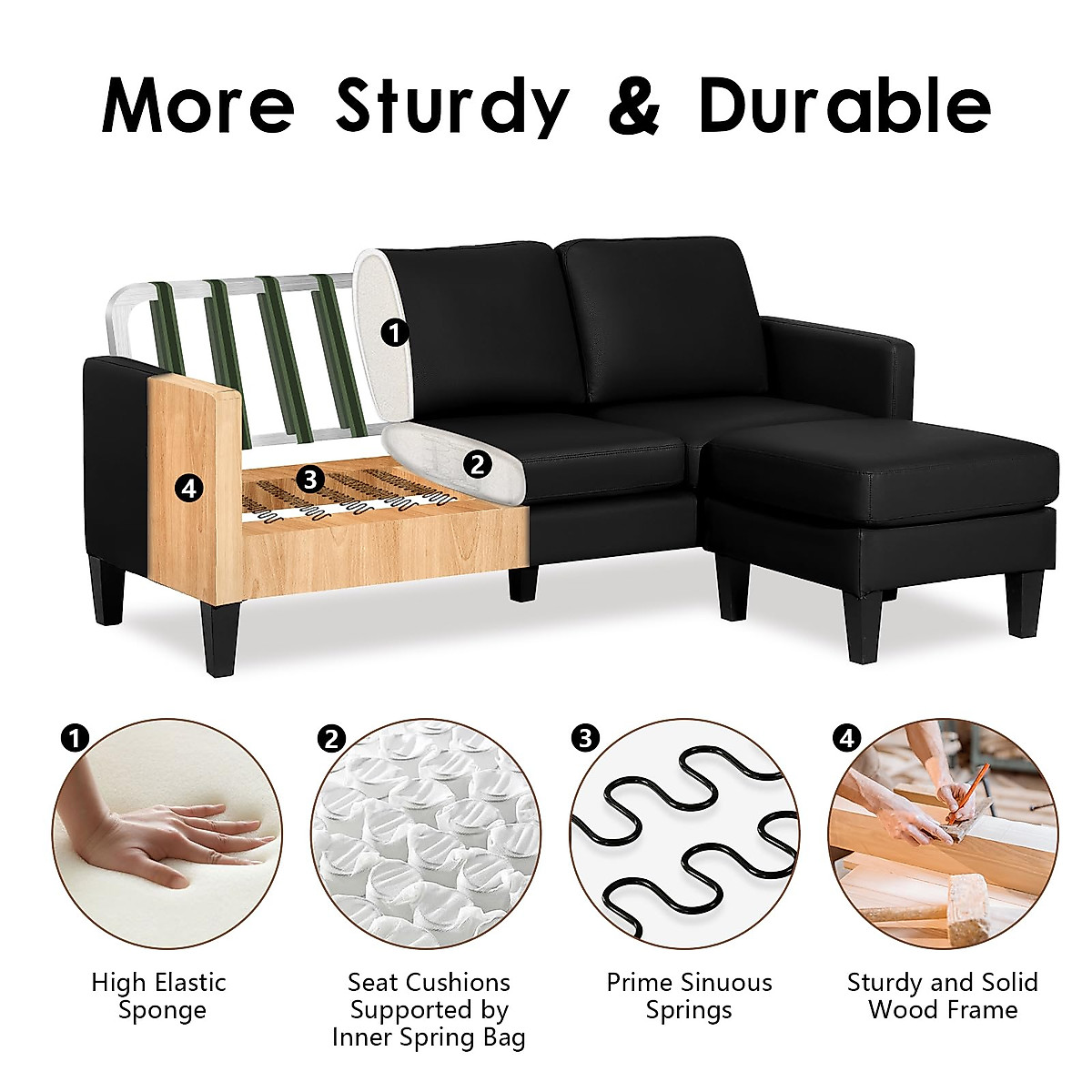 MAGIC UNION PU Leather Convertible Sectional Couch Sofa, Grey L-Shape Sectional Sofa with Chaise Reversible, 3-Seat Modern Linen Fabric Small Couches for Living Room (Black)