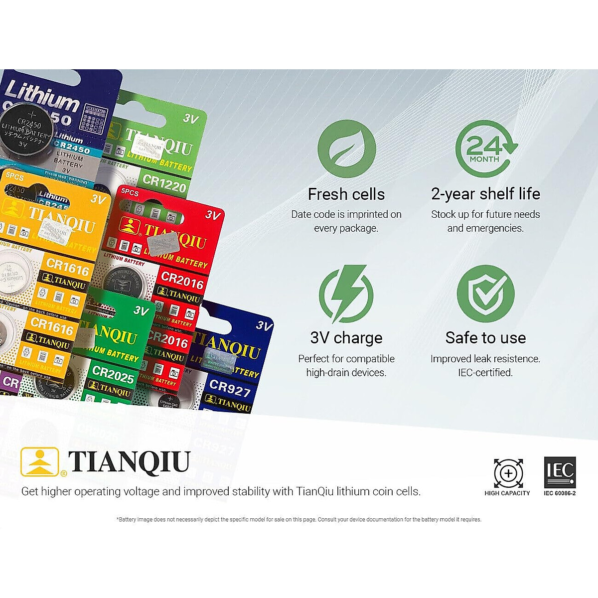 TIANQIU 2032 Battery (CR2032/ DL2032/ E-CR2032/ SB-T51/ LF1/ 2V) Lithium 3v (1 Pack of 5)