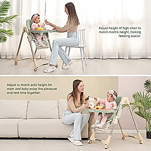 Ezebaby Baby High Chair, Portable High Chair with Adjustable Heigh and Recline, Foldable High Chair for Babies and Toddler with 4 Wheels, High Chair for Toddlers with Removable Tray-(Green)