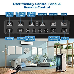 KOTEK Evaporative Cooler, Portable Air Cooler, Fan & Humidifier w/7.5H Timer, Anion Function, 3 Modes & 3 Speeds, Bladeless Quiet Evaporative Air Cooler w/Remote Control for Home, Office