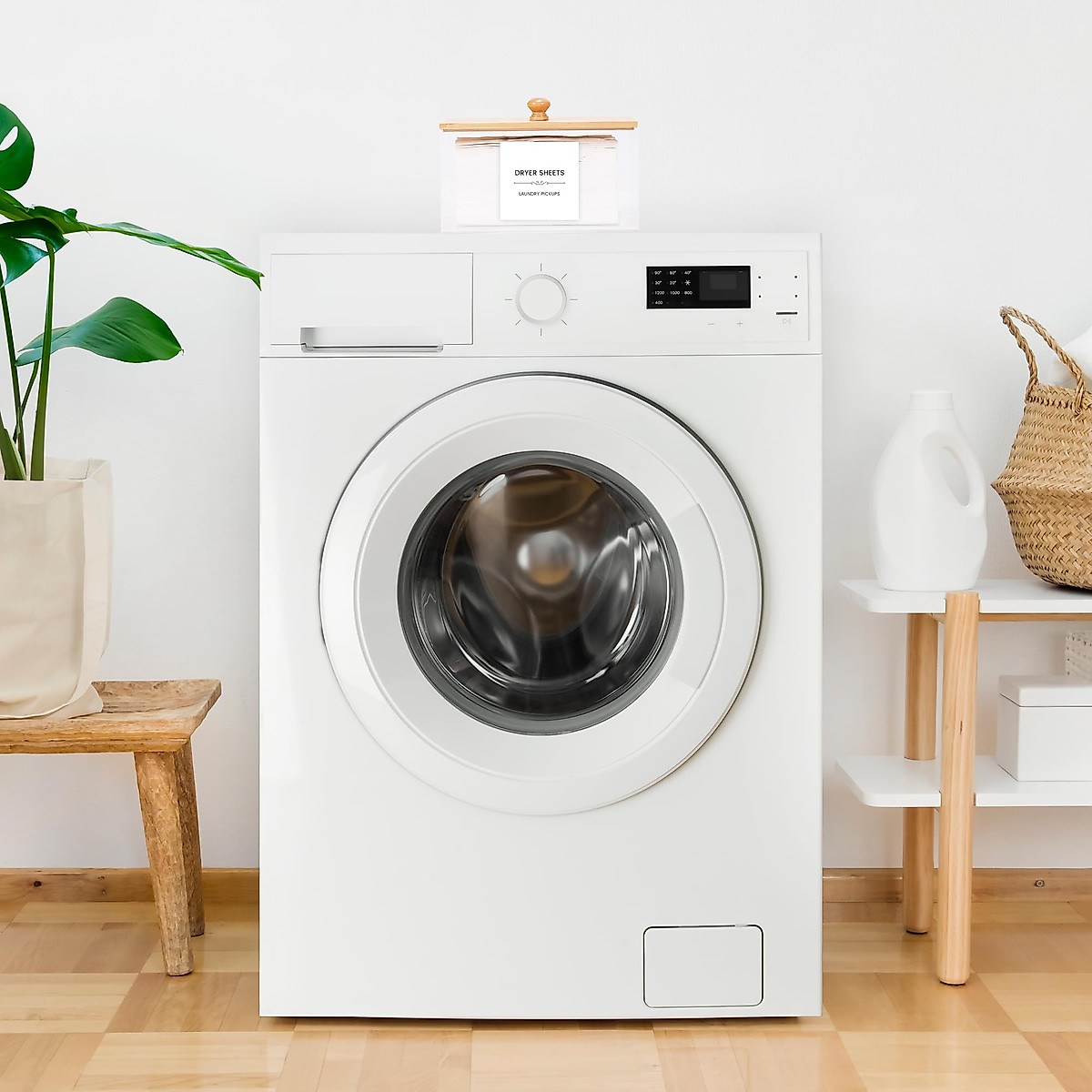 ZUHSAN Dryer Sheet Holder with 10 bonus random Labels, Acrylic made Dispenser, Acrylic Container Storage Box for Laundry Room Organization, Holds Sheets, Balls, Clothes Pins, Laundry Pods