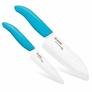 Kyocera Revolution 2-Piece Ceramic Knife Set: Chef Knife For Your Cooking Needs, 5.5" Santoku and 4.5" Utility Knife, White Blades with Blue Handles, White/Blue