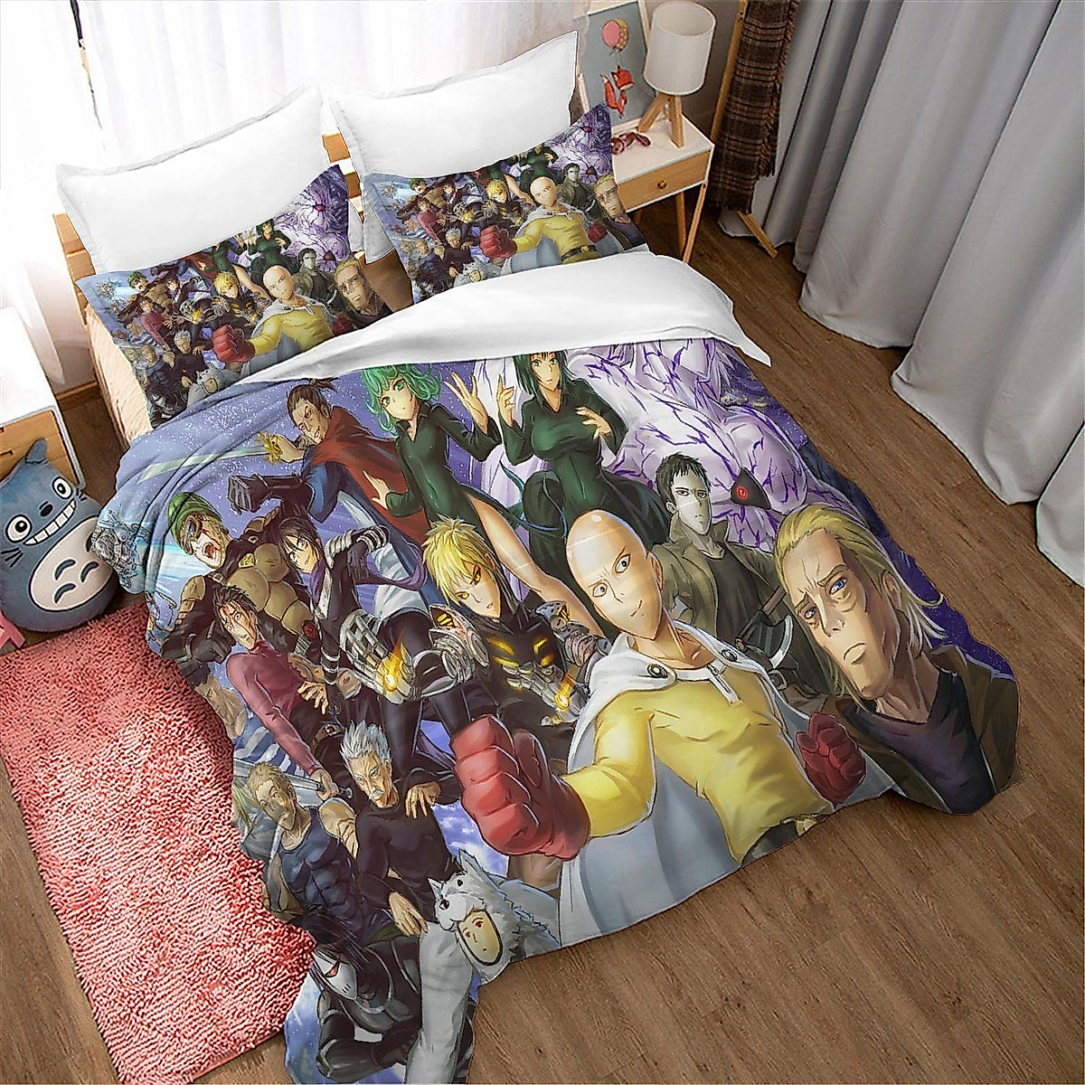 NICHIYOBI Punch Hero Anime Genos Saitama Duvet Cover Set 3D Bedding Comforter Cover 3 Pcs (1 Duvet Cover+2 Pillowcases) Bedding Set (02,Full-80x90in+20x30in*2)