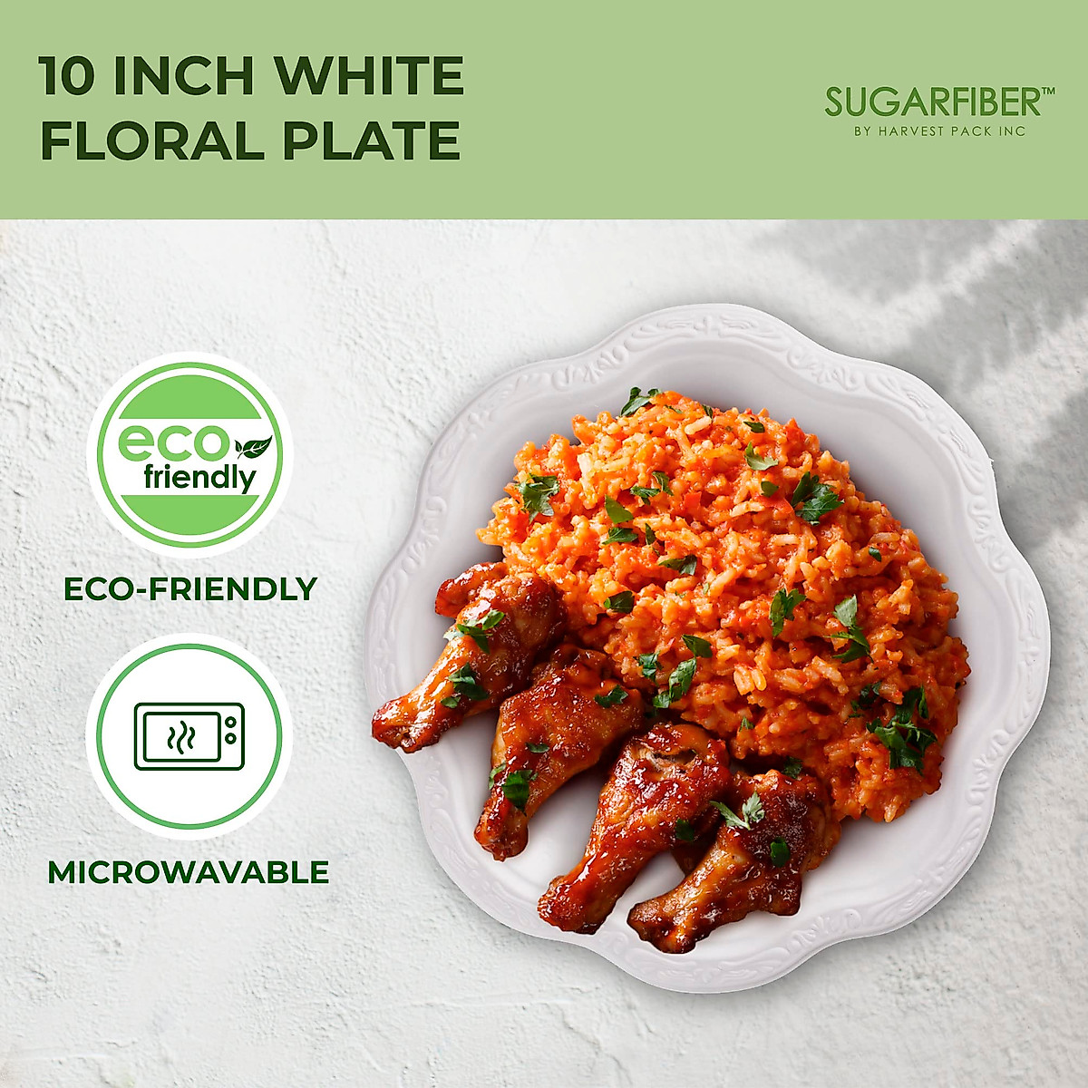 SUGARFIBER 10-inch Compostable Disposable Paper Plates, White Floral Acanthus Collection [50 COUNT]