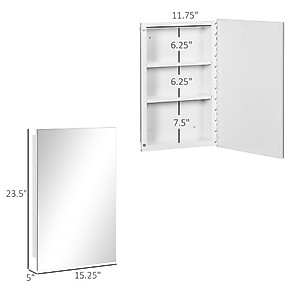 kleankin Recessed Medicine Cabinet, Stainless Steel Bathroom Mirror Cabinet with Door and Storage Shelves, White