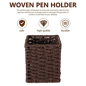 Cabilock Yellow Wicker Pencil Holder Pen Holder Rattan Makeup Brush Holder Makeup Holder Pencil Cup Desk Cup Holder Cutlery Utensil Caddy Silverware Holder