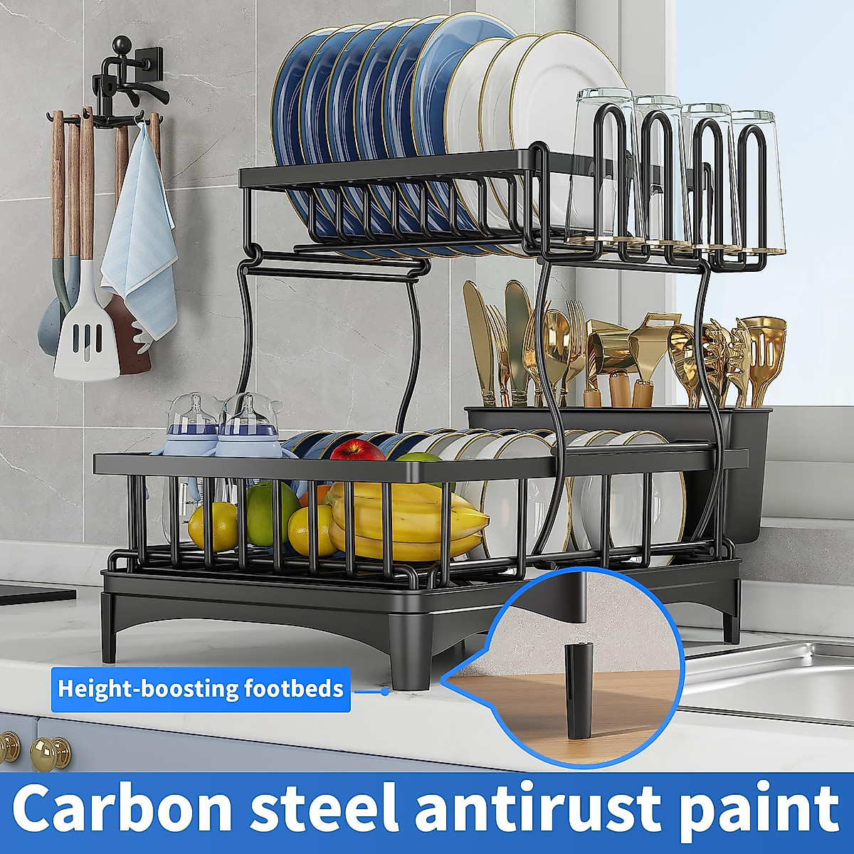 KEKAPE Dish Drying Rack, Space-Saving & Durable, Rust-Proof 2 Tier Stainless Steel Dish Rack for Kitchen Counter with Detachable Drainboard, Utensil Holder, and Cup Holder Set,Large Size, Black