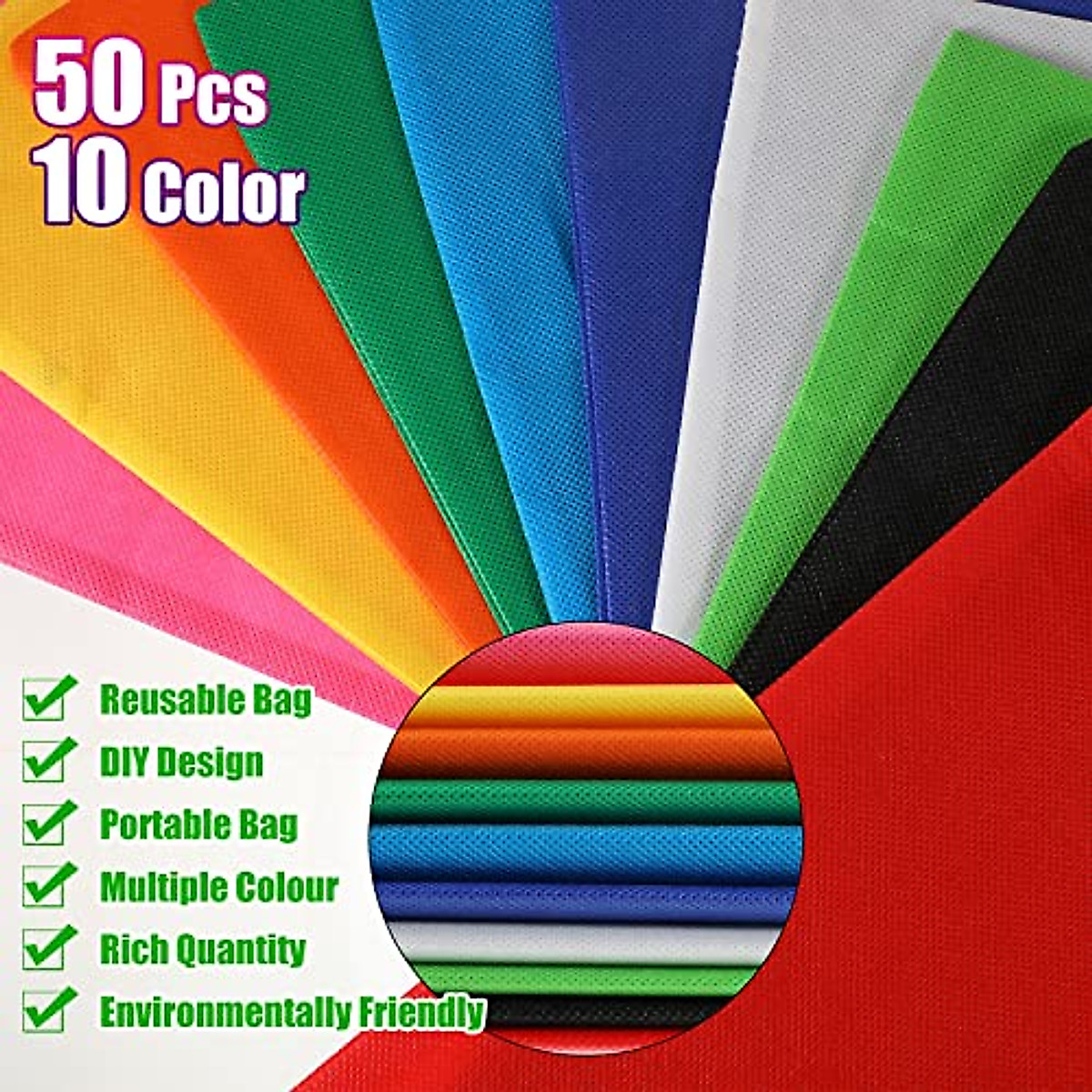 Jexine 50 Pack Non Woven Tote Bags Bulk 13 x 15 Inch Reusable Grocery Bags with Long Handles for Shopping, Birthday Party (Bright Color)