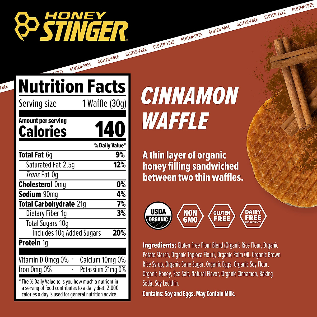 Honey Stinger Organic Gluten Free Cinnamon Waffle | Energy Stroopwafel for Exercise, Endurance and Performance | Sports Nutrition for Home & Gym, Pre & During Workout | Box of 16 Waffles, 16.96 Ounce
