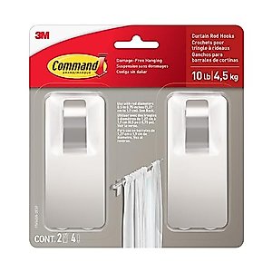 Command Satin Nickel Curtain Rod Hooks with Command Strips, Hang Curtain Rods No Drilling, Holds up to 10 lbs