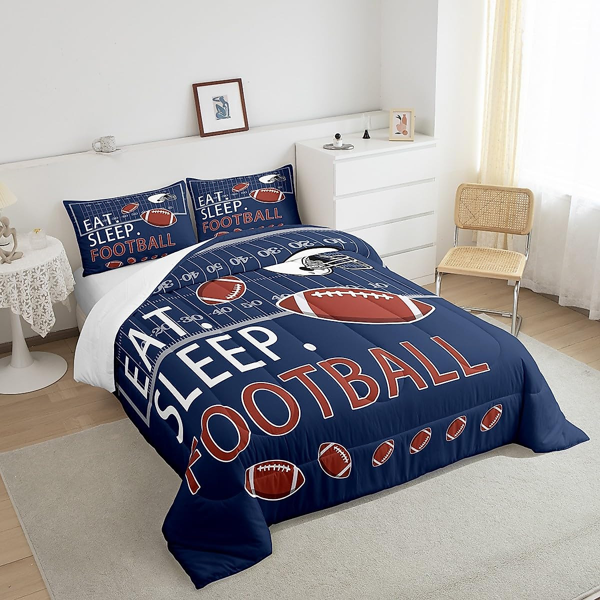 Feelyou Rugby Comforter Set Twin Size Football Field Coverlet Set for Kids Boys Girls Decor Ball Games Comforter Microfiber Navy Blue Quilt Set Bedroom Bedclothes