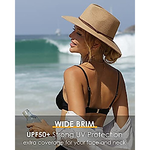 FURTALK Womens Summer Straw Sun Hats Wide Brim Panama Fedora Beach Hat with Wind Lanyard UPF 50+ Khaki