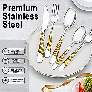 Gold Silverware Set, 20 Piece 18/10 Stainless Steel Flatware Set for 4, ASKSCICI Forks and Spoons Silverware Set for Kitchen and Family Gatherings