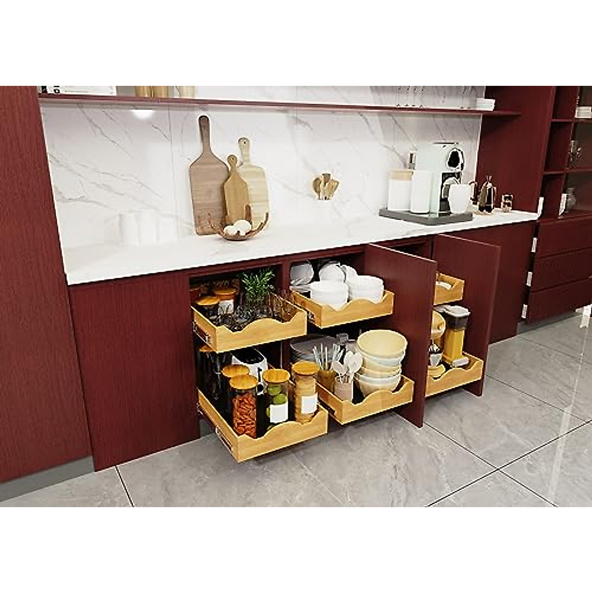 OCG 2 Tier Pull Out Drawers for Cabinets 11" W x 21" D, Double Tier Slide Out Wood Cabinet Organizer, Pull Out Shelves for Base Cabinet Organization in Kitchen, Pantry, Bathroom