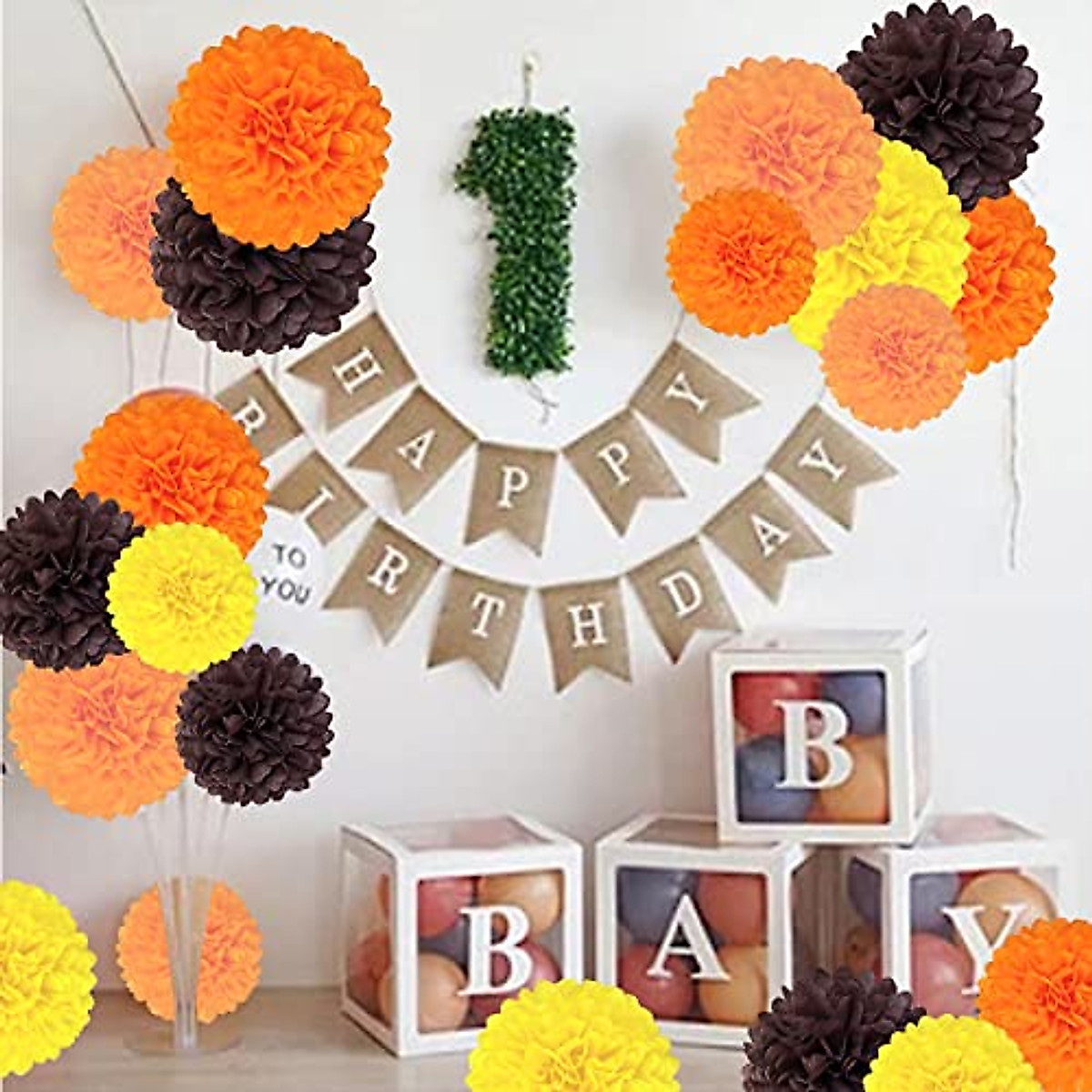 20pcs Decorative Tissue Paper Pom Poms of 14in, 12in, 10in, 8in, 6in for Autumn Party Halloween Birthday Wedding Fiesta Birthday Indoor and Outdoor Decoration (Oranges, Yellow, Brown)