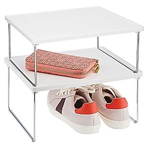 mDesign Metal Stacking Storage Organization for Shelves Inside Closet in Bedroom, Bathroom, Hall, or Entryway - Organizer Stand for Clothing, Linen, Household Items, Ligne Collection, 2 Pack, White