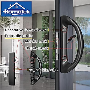 HOMOTEK Patio Door Handle Set, Replacement Sliding Door Handle with Key for Patio Door Thickness from 1-1/2" to 1-3/4", 3-15/16" Screw Hole Spacing, Mortise Lock, Reversible, Black