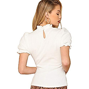 Floerns Women's Casual Frill Mock Neck Short Puff Sleeve Keyhole Back Work Office Blouse A White L