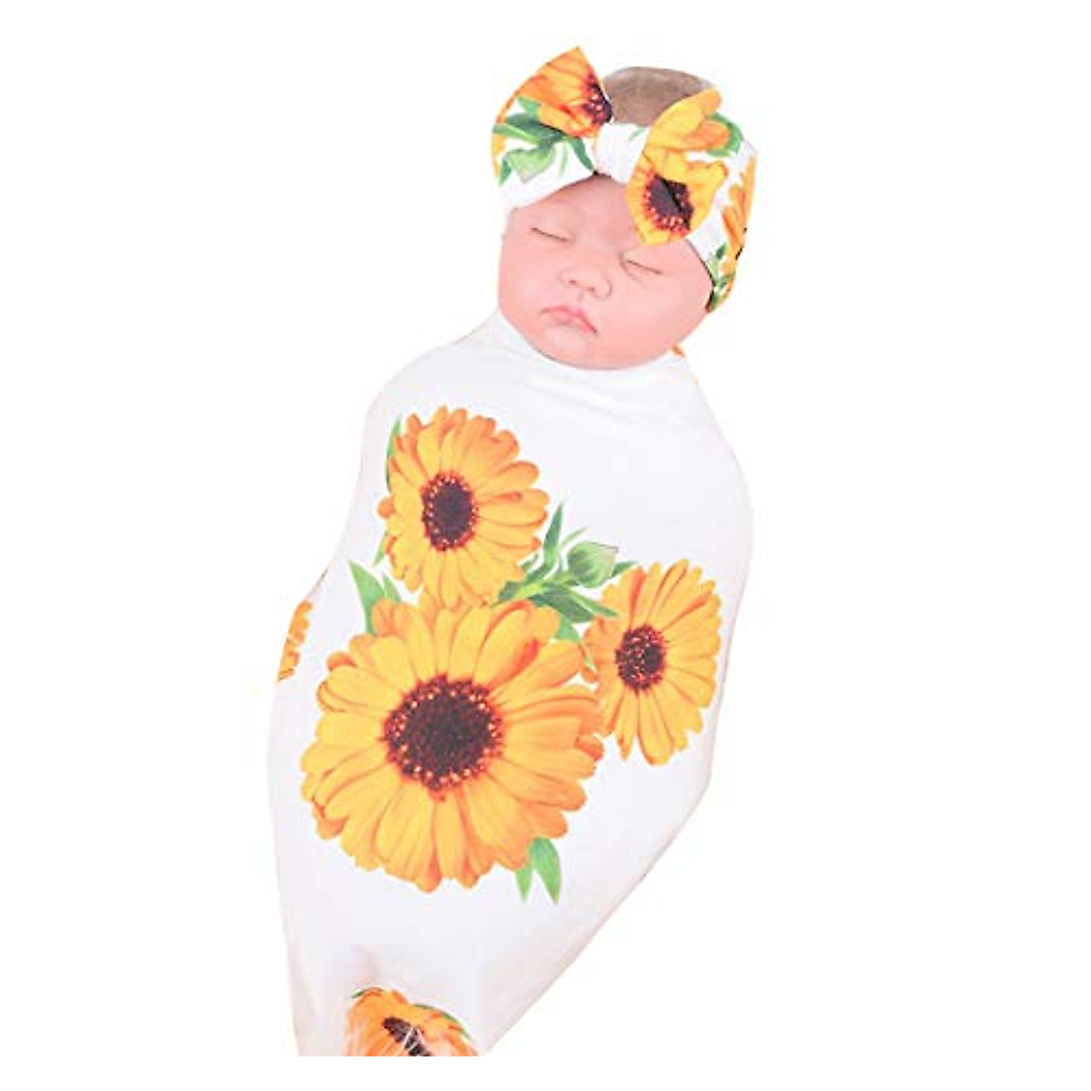 Thorn Tree Newborn Baby Girl Receiving Blankets Infant Baby Sunflower Swaddling+Bowknot Headbands 2Pcs for Cute Baby (0-3 Months,White Baby Wrap Blanket)