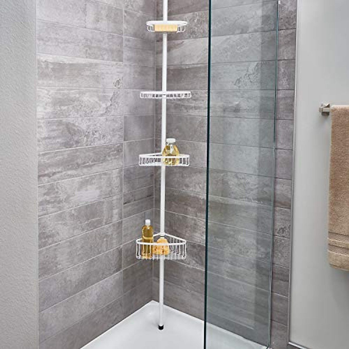 iDesign York Steel Tension 4-Shelf Extendable Corner Storage Caddy - 8" x 11" x 108", Pearl White