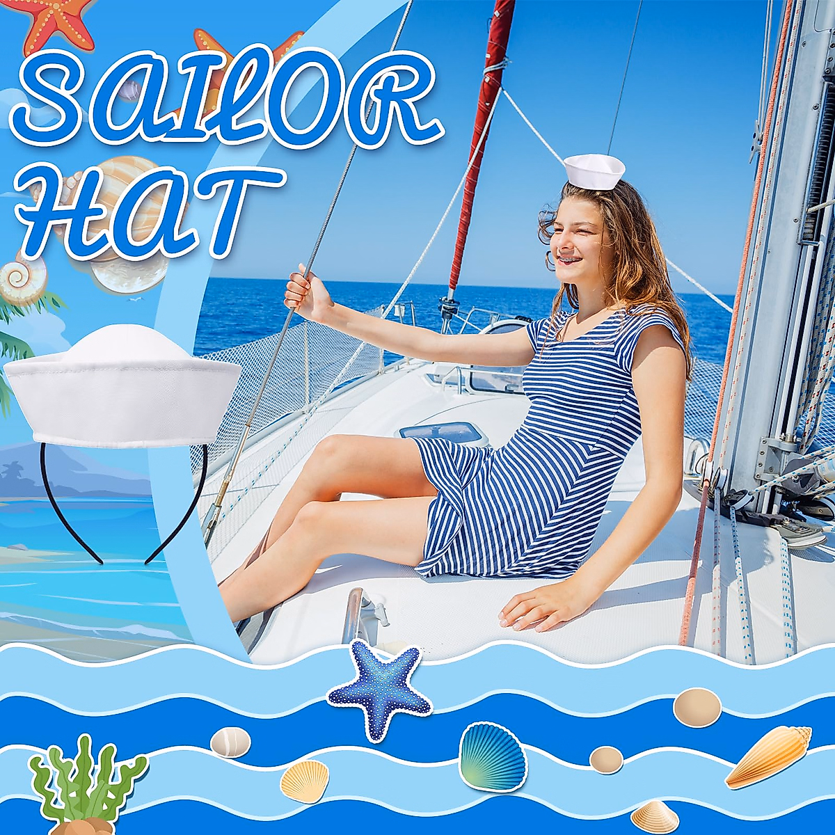 Tigeen Halloween White Mini Captain Hat Headband 15 Cm Sailor Hat Headbands Navy Sailor Hat for Yacht Nautical Dressing Up Theme Role Play Party Costume Accessory