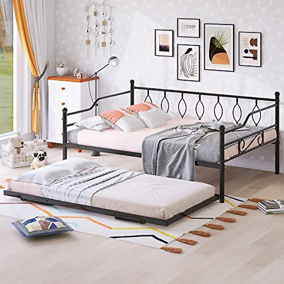 LUSPAZ Full Size Extendable Bed with Pop Up Trundle, Twin to King Daybed with Pull Out Trundle for Adults, Kids