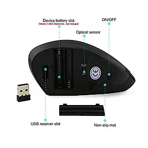 FLY WAY Wireless Vertical Mouse,2.4G Ergonomic Optical Mice 800/1200 /1600 DPI 5 Buttons Mouse with USB Receiver for PC Laptop Desktop Gaming (Black)