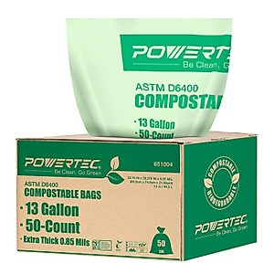 POWERTEC Compostable Bags, 13 Gallon (49.2 Liter), 50 Count, Extra Thick 0.85 Mil Kitchen Scrap Waste Bag, ASTM D6400 US BPI & European OK Compost Home Certified, Biodegradable Yard Waste Trash Bag