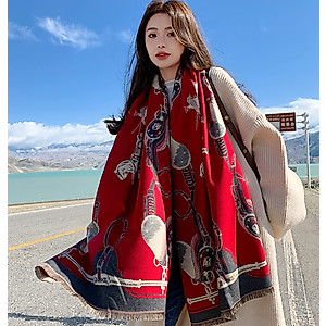Women's Blanket Chunky,Pashmina Shawls Wraps Oversized Winter & Fall Warm Scarfs Soft Cashmere Feel for Girls and Women (Red-Carriage)