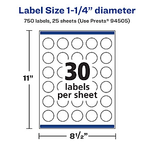 Avery Matte White Round Labels with Sure Feed, 1.25" Diameter, 750 Matte White Printable Labels