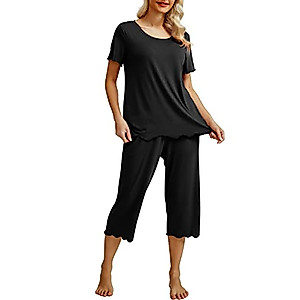 PrinStory Womens Pajama Sets Pajamas for Women Pajamas for Women Set Capri Pajama Pants Loungewear Sleep Sets for Women Soft Pjs for Women Set (Black L)