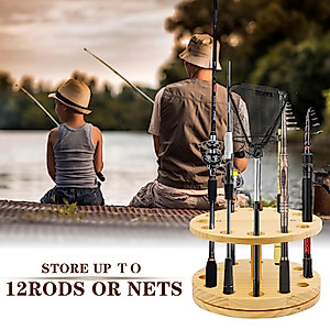 Fishing Rod Holders for Garage, Fishing Rod Organizer, Fishing Pole Stand,Fishing Rod Stand,360 Degree Rotating Vertical Fishing Pole Rack,Wooden Round Floor Stand Fishing Rod Rack Holds up to 12 Rods
