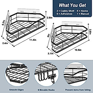 Corner Shower Caddy, MFTEK 2 Pack Shower Shelves Bathroom Shower Organizers Rack with Hooks, No Drilling Rustproof Adhesive Shower Shelf for Bathroom Storage, Black