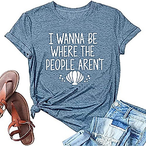 Casual T-Shirt I Wanna Be Where The People aren't Shirt for Women Funny Shell Graphic Tees Holiday Loose Fit Plus Size T-Shirt with Saying(Blue XXL)