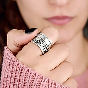 Boho-Magic 925 Sterling Silver Spinner Ring for Women Rose Flower Fidget Anxiety Relief Wide Band (6)
