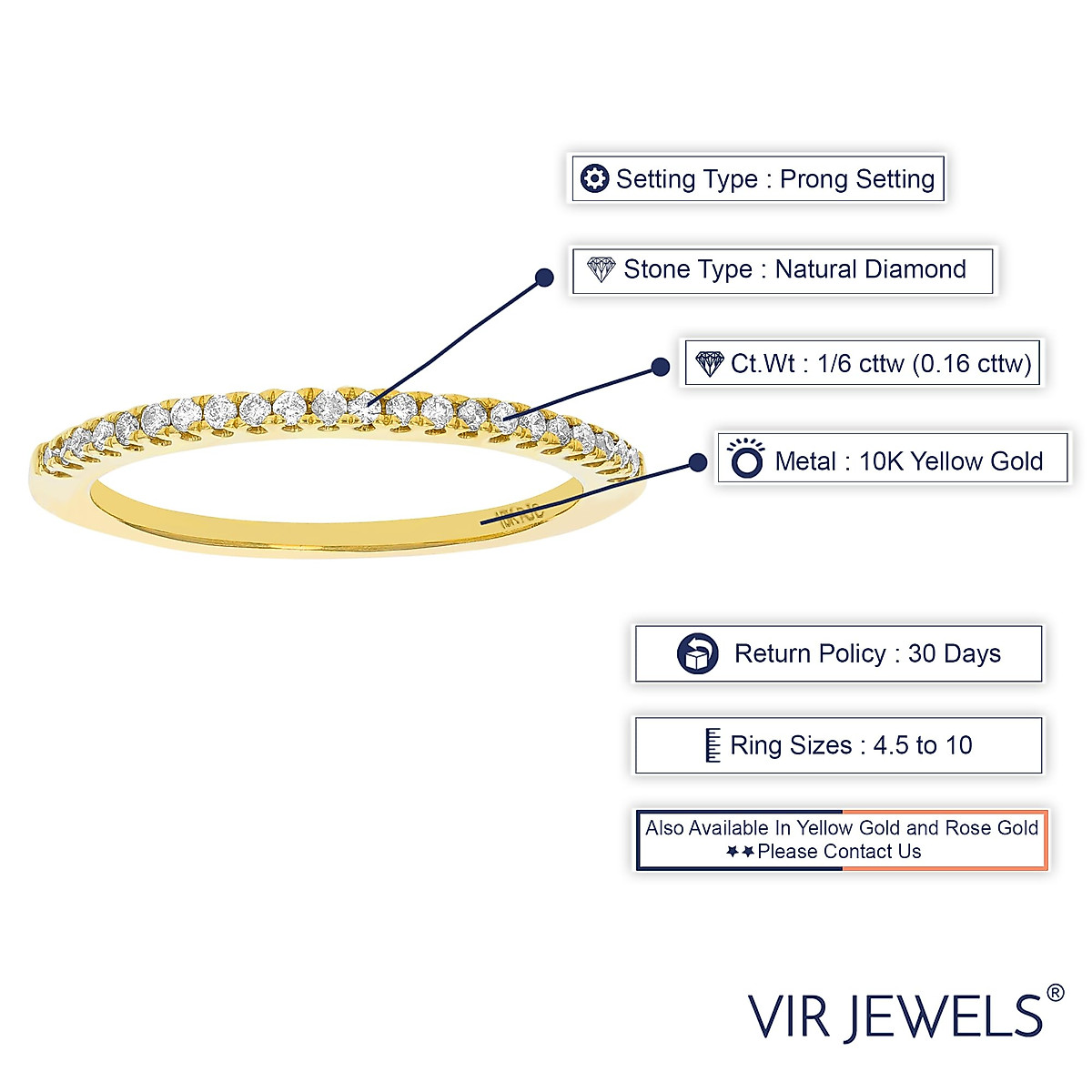 Vir Jewels 1/6 cttw Pave Round Diamond Wedding Band for Women in 10K Yellow Gold Prong Set, Size 5