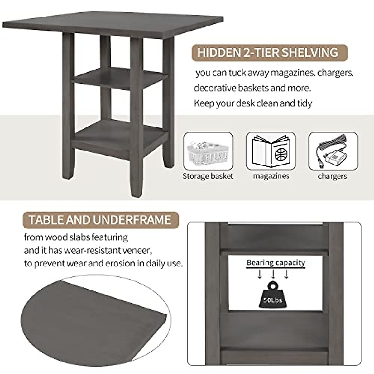 Merax 5 Piece Counter Height Dining Table Set with 4 Chairs for Small Space Kitchen Dining Table with Shelf for Storage Farmhouse Dining Set
