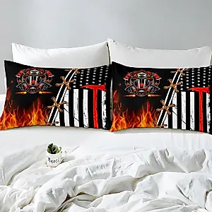 Teens Fireman Duvet Cover Set,Kids Retro American Flag Bedding Set King Size,Red and Black Comforter Cover for Boys Bedroom Decor,Flame Quilt Cover with 2 Pillow Cases(No Comforter)