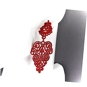 Red Earrings Dangle Post Hinged Door Knocker 2.5" Long Cut Out Lace Adorable Statement Jewelry Earrings for Women