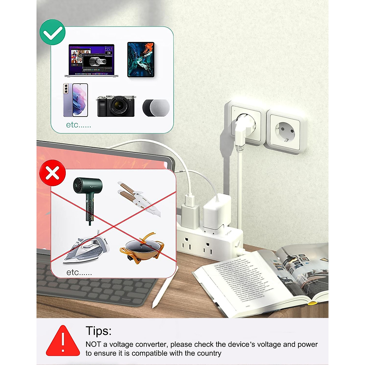 European Travel Plug Adapter with USB, WRXDMC Adapters for Travel Europe, US to Europe International Power Adapter Travel Essentials with 6 Outlets 3 USB for EU Spain France Germany Iceland Greece