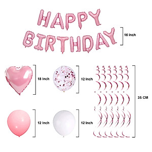 Pink Birthday Decorations for Women Girls, Happy Birthday Balloon Banner Decoration, Pink Party Decorations for 1st 13th 16th 21st 30th 40th 50th 60th 70th Birthday Party Supplies
