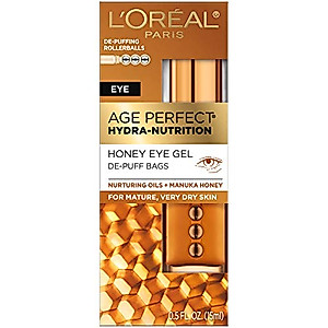 L'Oreal Paris Skincare Age Perfect Hydra Nutrition Eye Gel with Manuka Honey and Nurturing Oils, Eye Treatment Gel for Dry Skin, de-puffing rollerballs to Reduce Puffy Eyes, Paraben Free, 0.5 fl. oz.