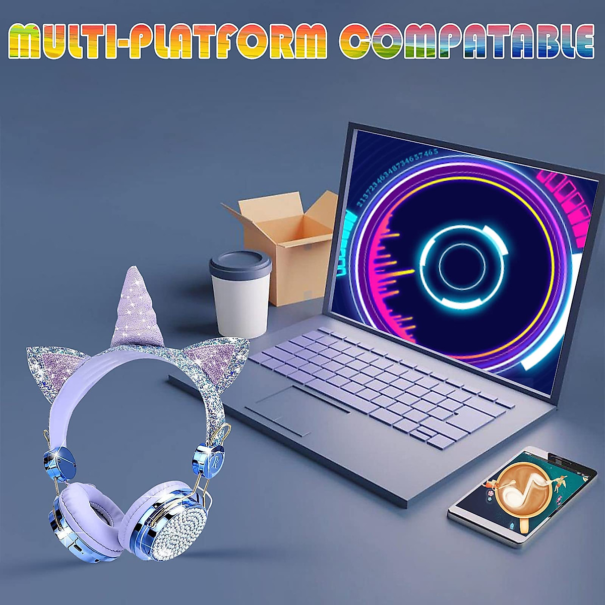 Unicorn Kids Bluetooth Headphones for Girls, Wireless Headphones with Microphone for Teens, Safe Volume Limited 85db POM Cat Ear Over-Ear Headset HD with Mic for School/Tablet/Birthday Xmas Gift