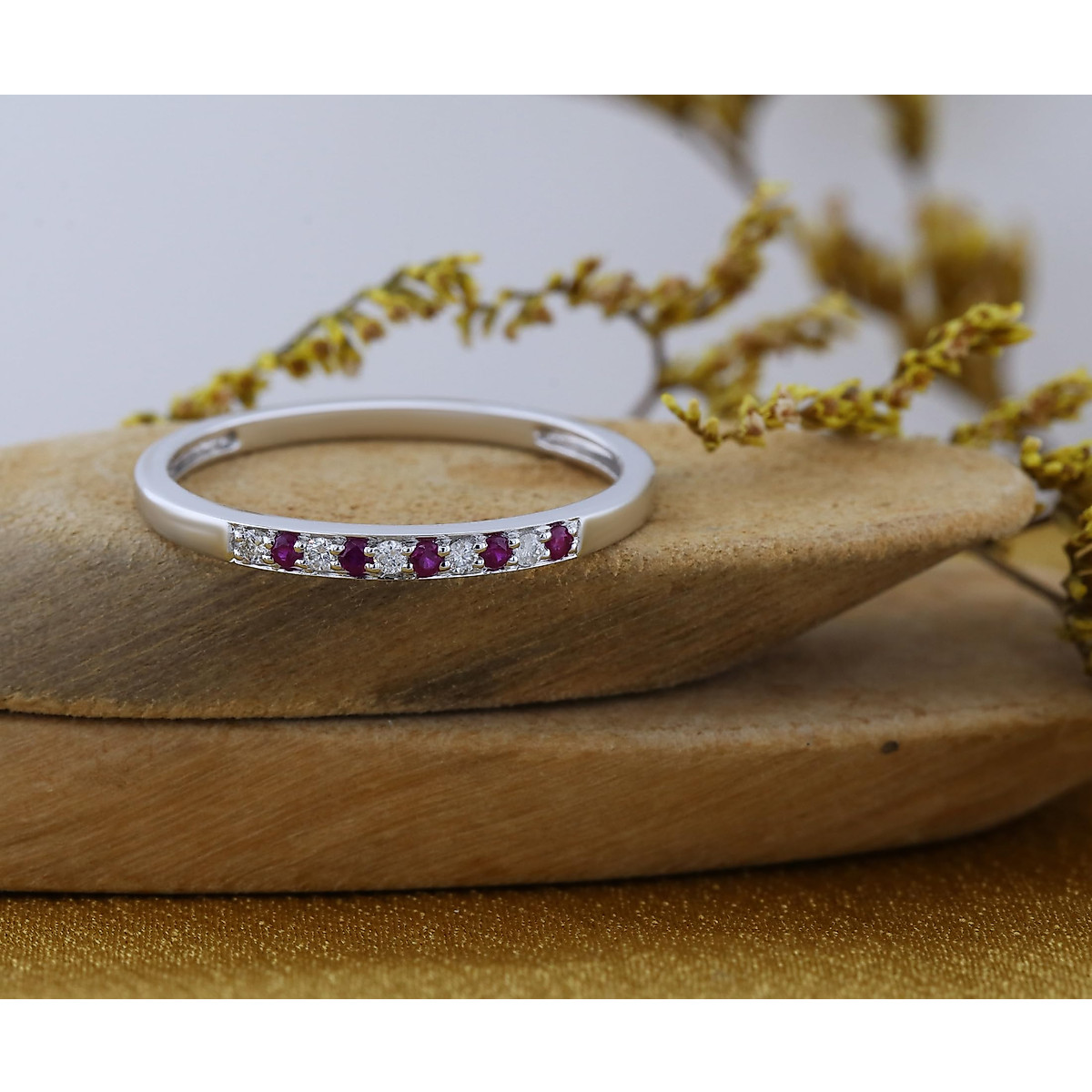 Dazzlingrock Collection 10k Ruby And White Diamond Women Anniversary Wedding Matching Band Stackable Ring, White Gold, Size 6