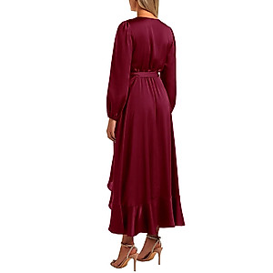 PRETTYGARDEN Women's Satin Fall Dress Semi Formal Satin Long Sleeve Wrap V Neck Ruffle Belted A-Line Flowy Maxi Dresses (Wine Red,Small)
